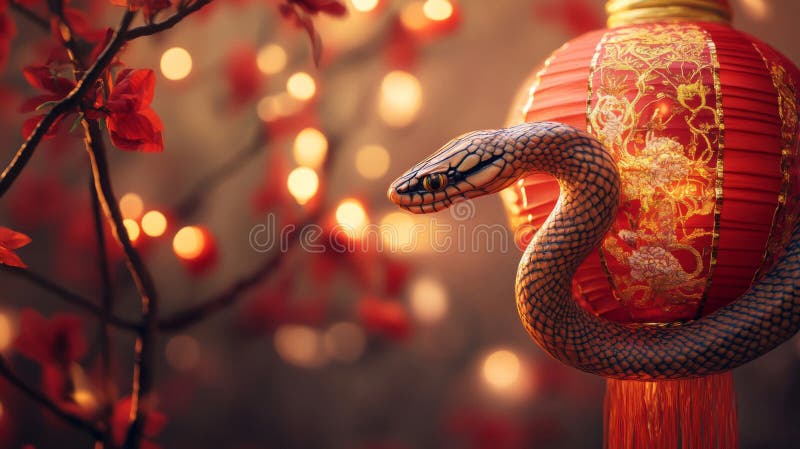 A Snake Coiled Around a Red Lantern with a Blurred Background of Red ...