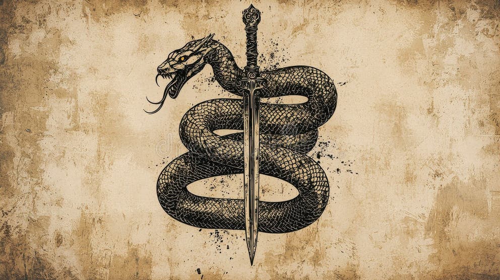 Snake Coiled Around a Sword Displayed on a Textured Wall in a Dramatic ...