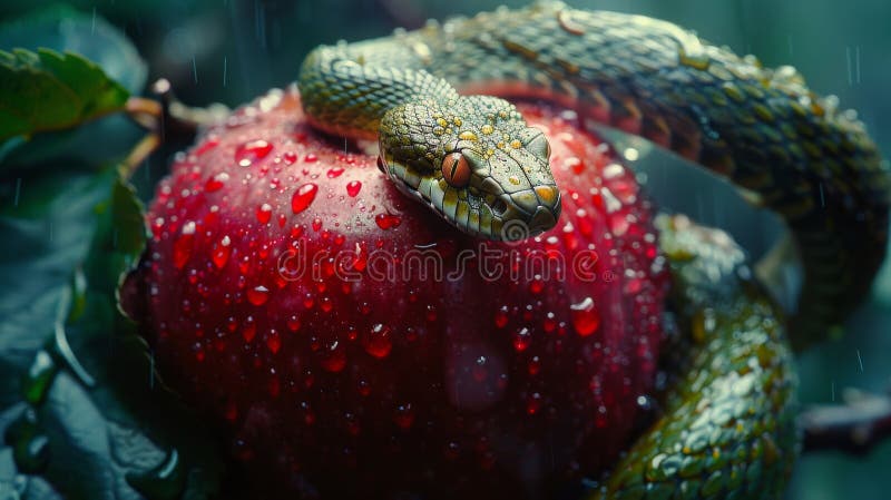 Snake Eating Apple in Tree stock illustration. Illustration of habitat ...