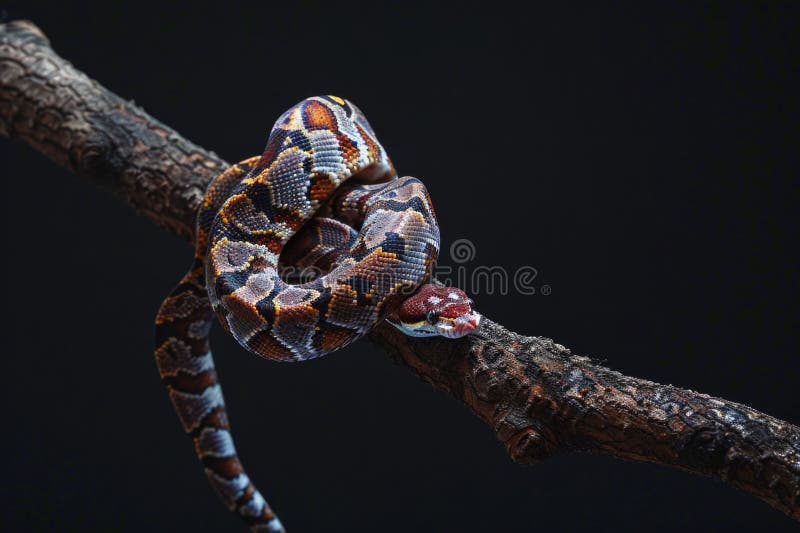 A Snake Coiled Around a Tree Branch, Its Body Tense and Alert Stock ...