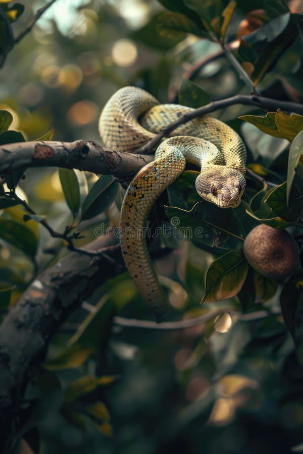 A Snake Coiled Around a Tree Branch, Natural Scenery Stock Photo ...