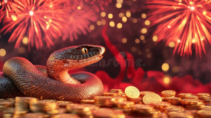 A Snake Coiled on a Pile of Gold Coins with Red Fireworks in the ...
