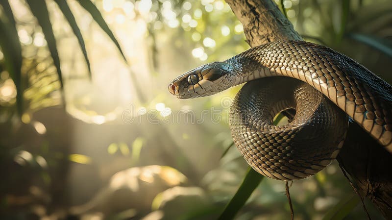 A Snake Coiled on a Tree Branch in a Sun-dappled Rainforest Stock Image ...