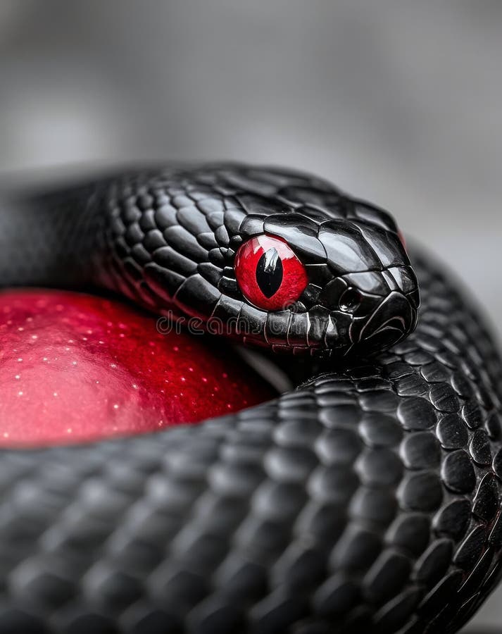 Snake Coiling Around a Red Ball in a Close Up View with Vibrant Colors ...
