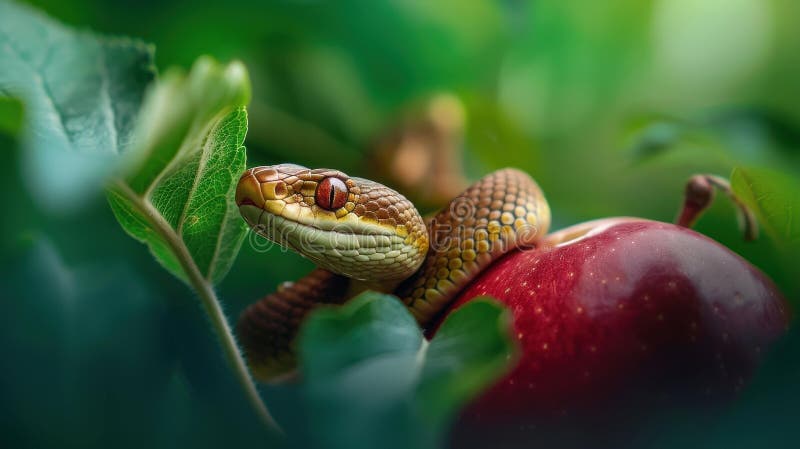A Snake Coils Around an Apple Tree, Its Gaze Fixed on a Bright Red ...