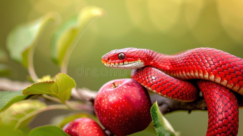 A Snake Coils Around an Apple Tree, Its Gaze Fixed on a Bright Red ...