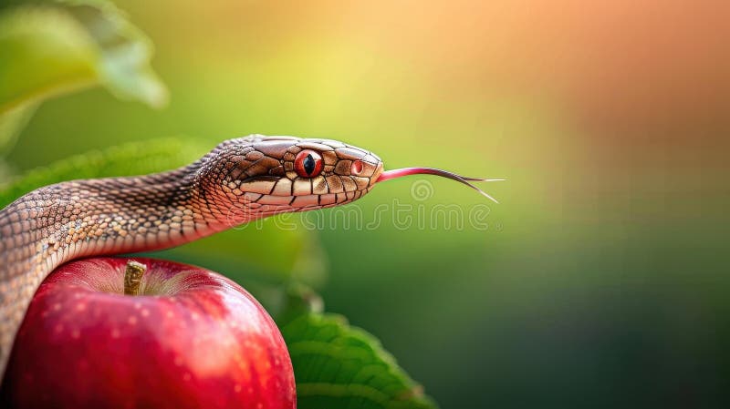 A Snake Coils Around an Apple Tree, Its Gaze Fixed on a Bright Red ...