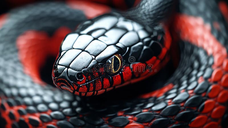 A Snake, Colored in Red and Black, Winds Itself on a Striking Red ...
