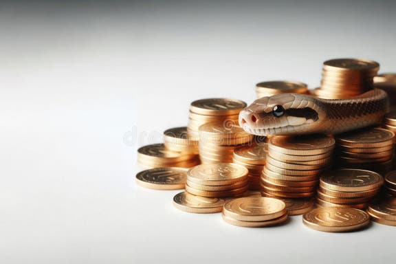 A Snake Crawling on Gold Coins. Space for Text. Stock Image - Image of ...