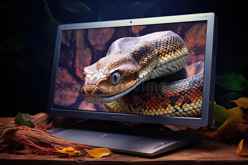 Snake Crawls Out of the Monitor As a Symbol of the Python Programming Language Stock ...