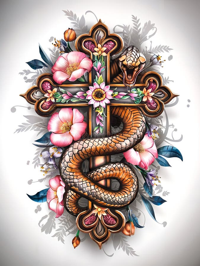 Snake on a Cross Tattoo Art Design Stock Illustration - Illustration of ...