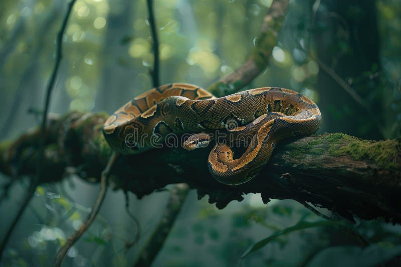 A Snake Curled Around a Branch in a Dense Forest Stock Photo - Image of ...