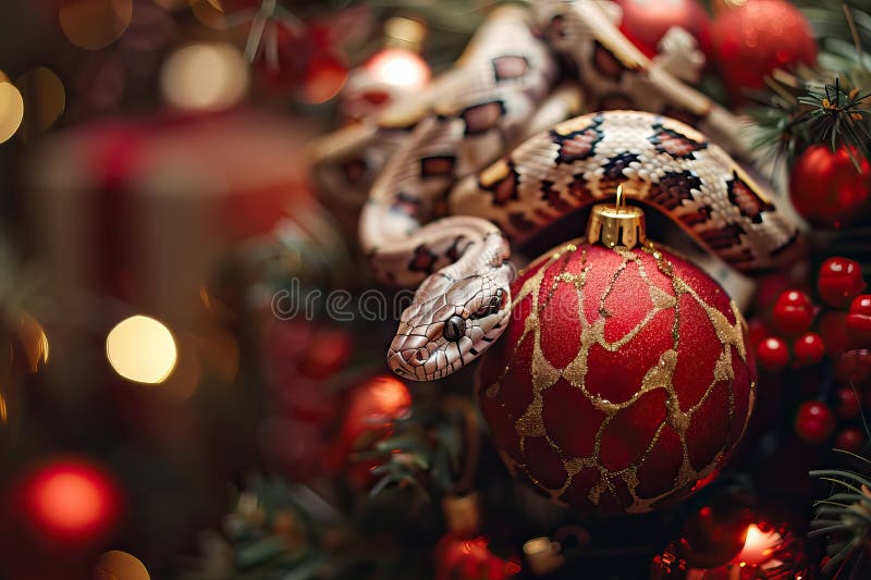 Snake Curled Around a Red Christmas Ornament on a Festive Tree, Closeup ...