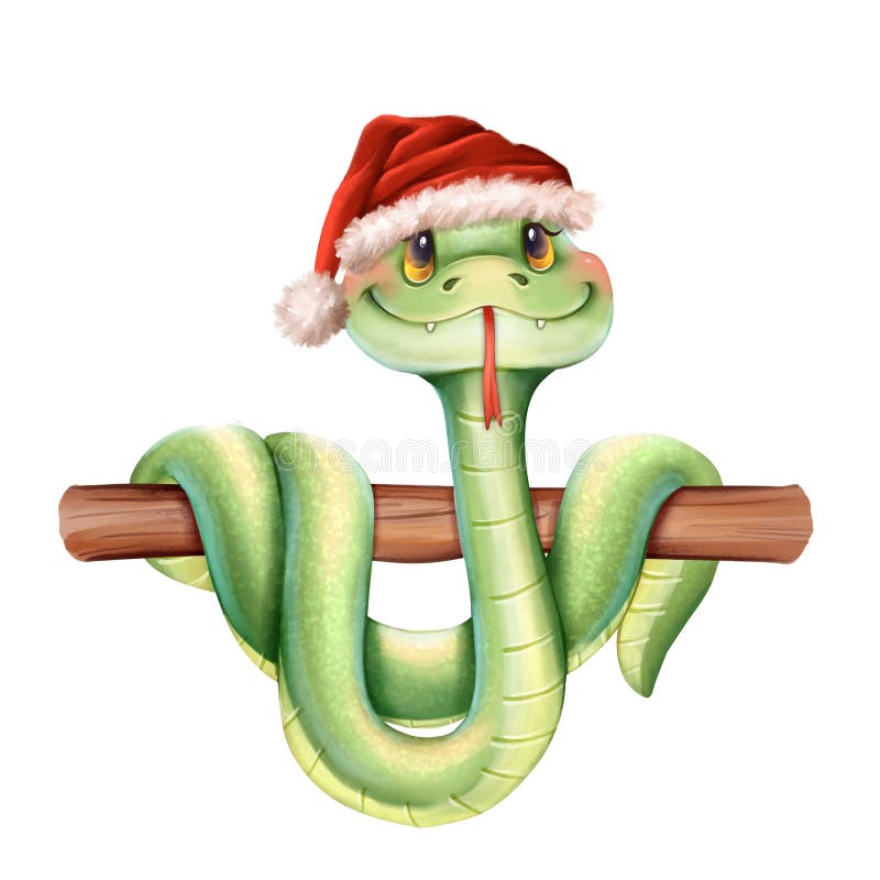 Cute Illustration of Green Snake in Red Knitted Hat, Isolated on White ...