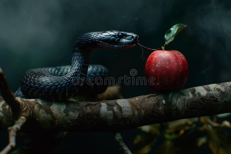 Snake Eating an Apple on a Branch in a Dark Room Stock Illustration ...