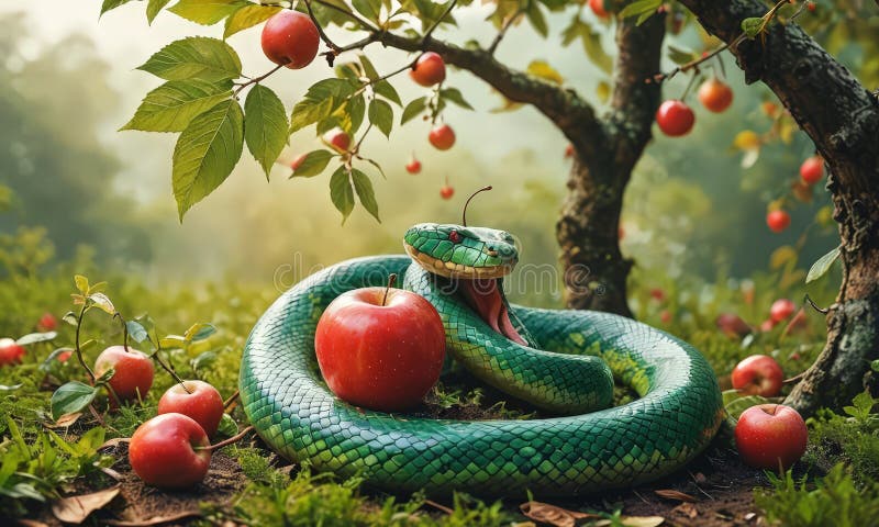 Snake Eating Apple in the Grass Stock Illustration - Illustration of ...