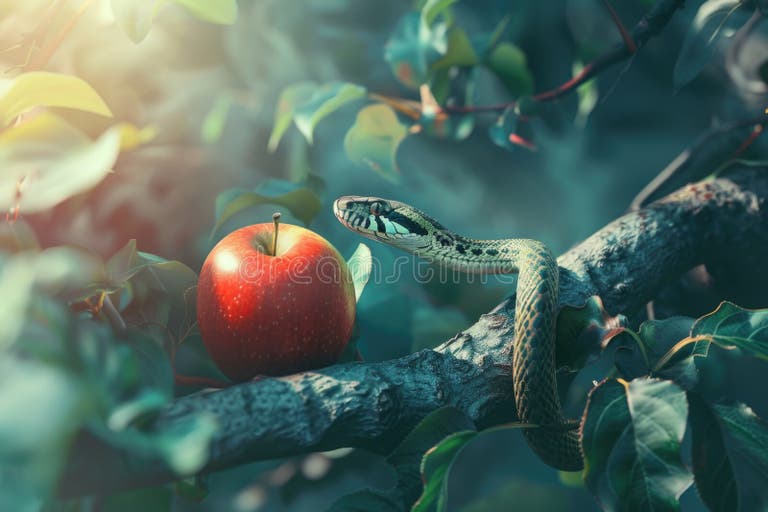 A Snake is Eating an Apple on a Tree Branch, in a Natural Setting Stock ...