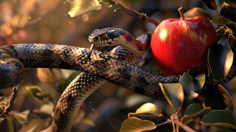 A Snake is Eating an Apple on a Tree Branch in this Photo Stock Image ...