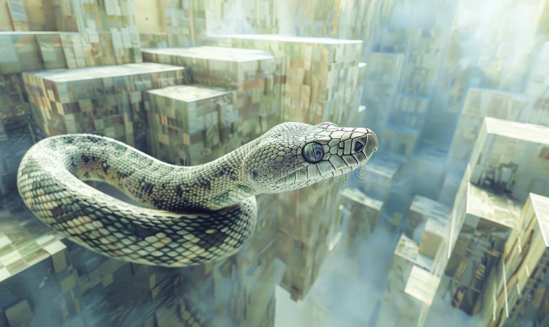 Snake among Floating Cubes, Abstract Background with Snake and Geometry ...