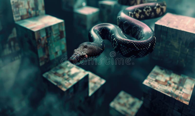 Snake among Floating Cubes, Abstract Background with Snake and Geometry ...