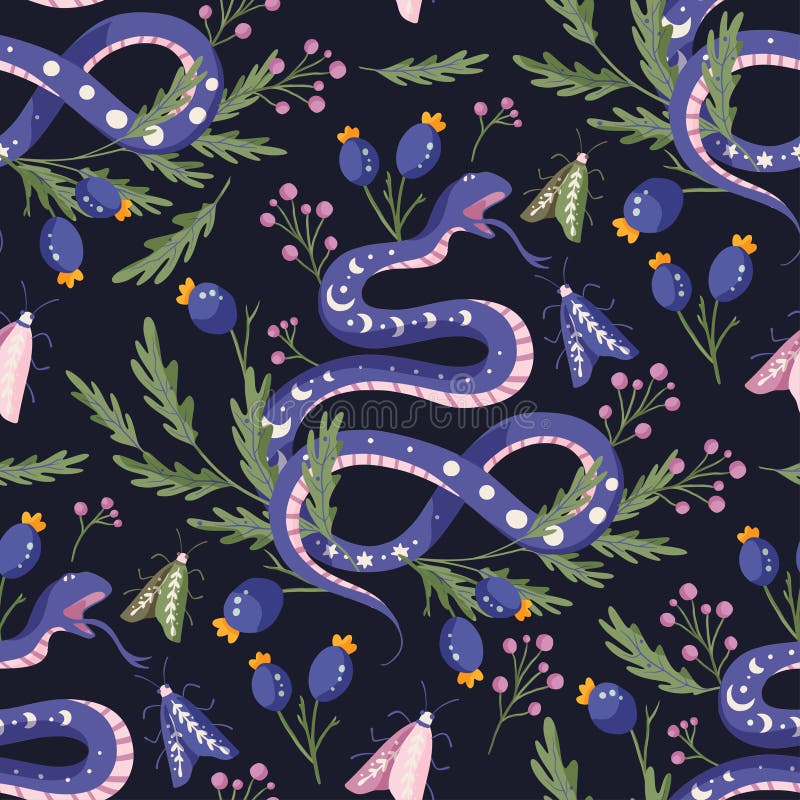 Snake Floral Seamless Pattern. Vector Flower Magic Mystic Boho ...