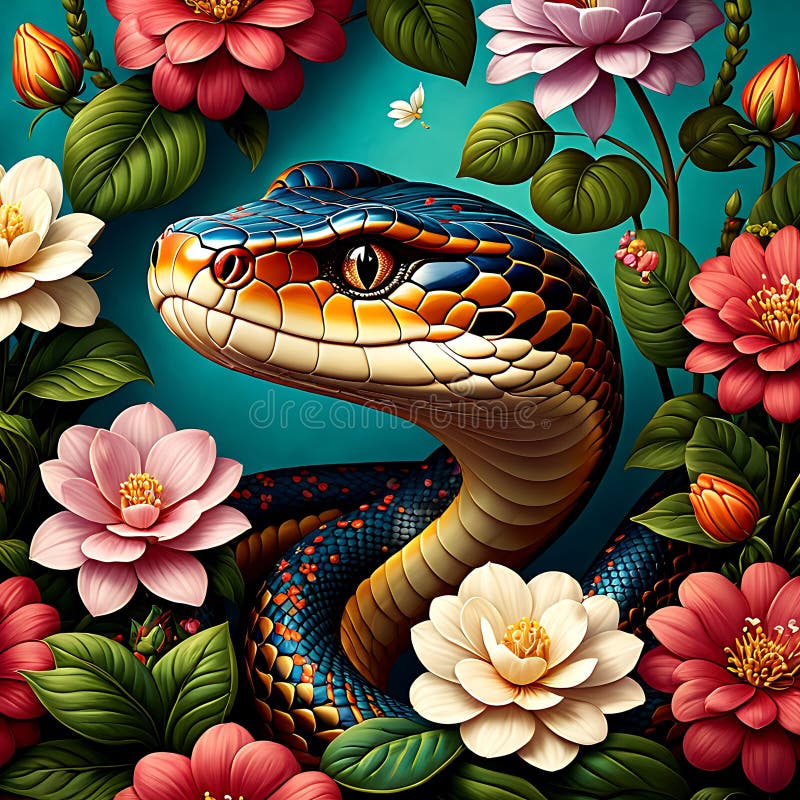 Snake in Flowers. stock illustration. Illustration of body - 329027960