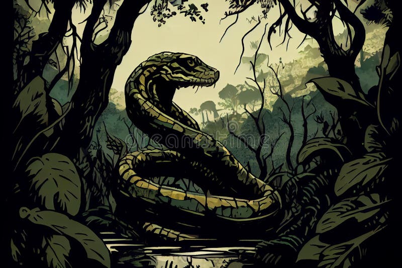 Snake in Forest in Comic Art Stock Illustration - Illustration of ...