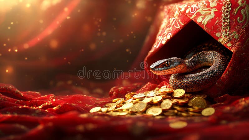 Snake Guarding Gold Coins in Red Bag Stock Illustration - Illustration ...