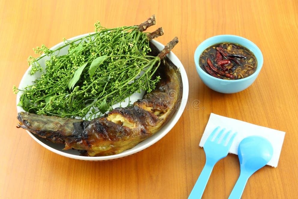 Snake Head Fish Grilled and Nim Leaf Stock Image - Image of meal, brown ...