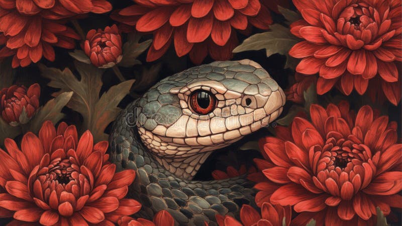 Snake Hidden among Red Chrysanthemum Flowers Stock Illustration ...