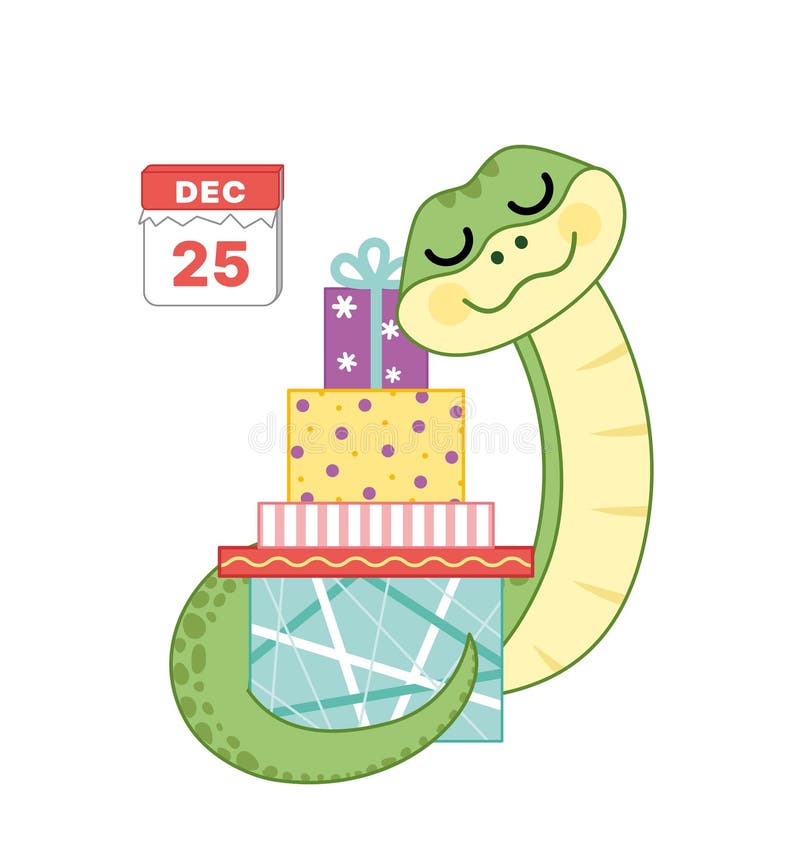Snake is Hugging Stack of Gift Boxes. 25 December. Christmas. Cartoon ...