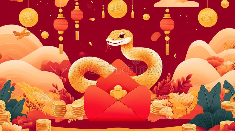 A Snake is Inside a Red Envelope with Gold Coins. Quality Stock ...