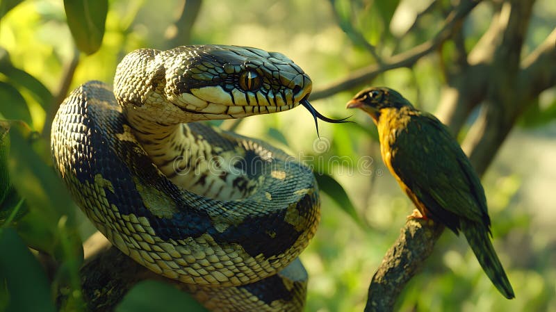 Snake Interacting with a Bird in Natural Habitat Stock Illustration ...