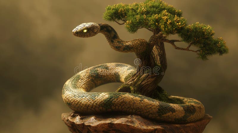 Snake Intertwines with a Bonsai Tree, Symbolizing Growth and Wisdom in ...