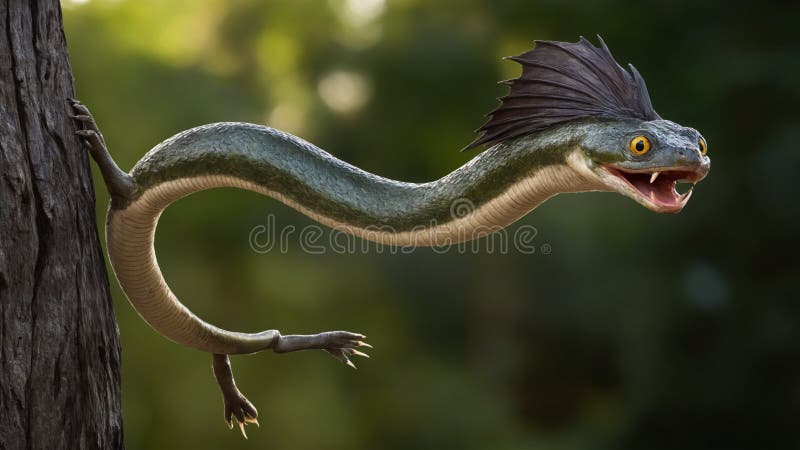 Snake with Legs and Crest Hops on the Tree, Visually Camouflaging ...