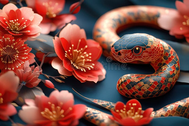 A Snake Lies among Colorful Flowers on a Blue Surface Stock Image ...