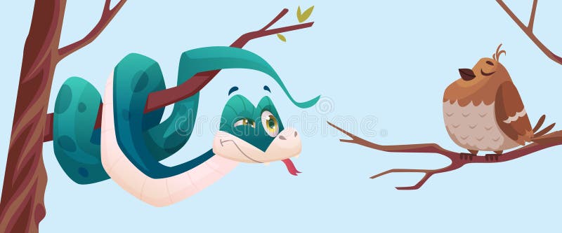 Snake. Lizard Hunting on Bird Vector Cartoon Snake on Tree Stock ...