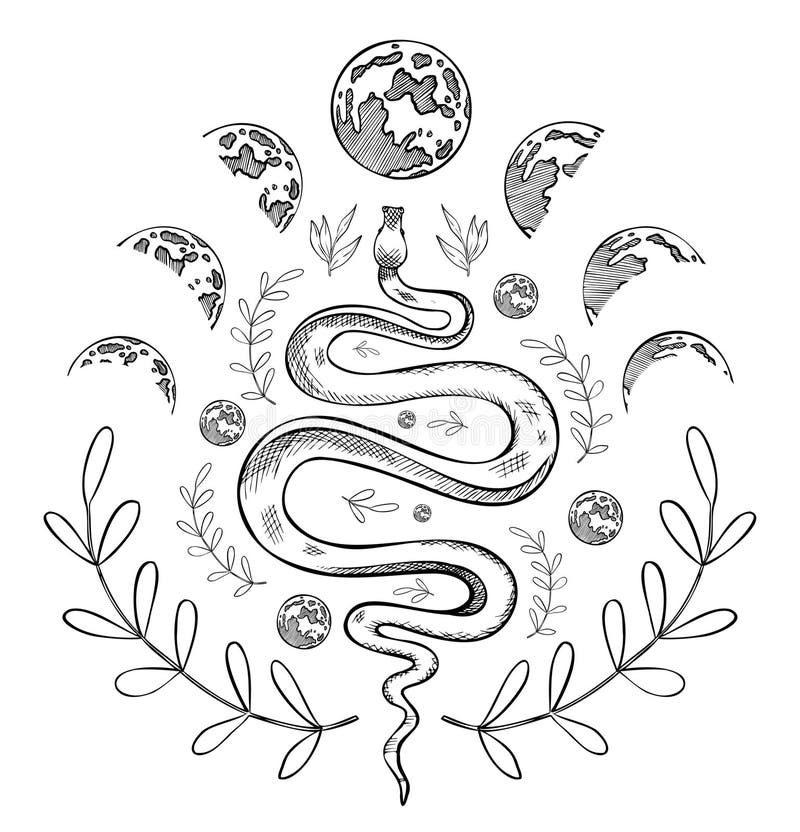 Snake and Magic Symbols Vector Illustration. Drawing of Serpent and ...