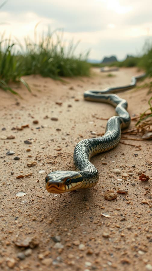 Snake Slithering Along a Dirt Path in a Grassy Area during Cloudy ...