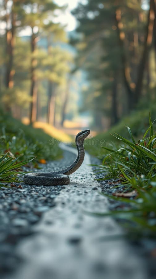 Snake Observes Its Surroundings in a Forest Path Surrounded by Grass ...