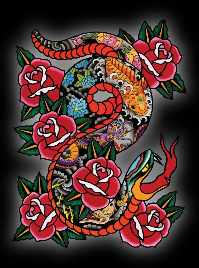 Snake Oldskool Tattoo Flash Set with Japanese Pattern. Stock Vector - Illustration of culture ...