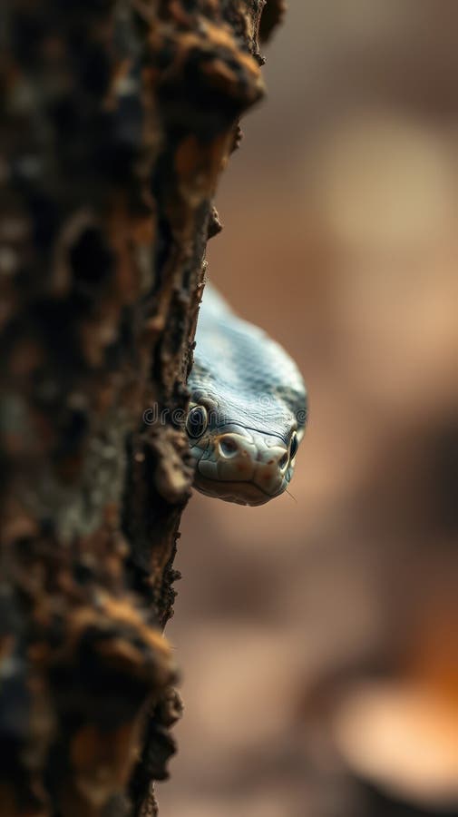 Snake Peeking from Behind Tree Bark in a Forest during a Sunny Day ...