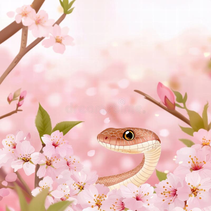 Snake Peeks through Pink Cherry Blossoms, Creating Serene Spring Scene ...