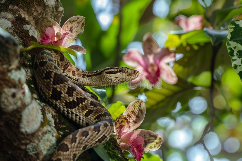 Snake and Pink Flowers on a Branch in a Woodland Setting, AI-generated ...
