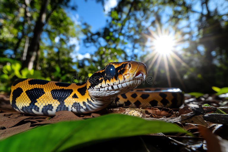 Snake Python, Coiling, and Sunlight Depicted in a Sunlit Clearing Where a Python Coils Around ...