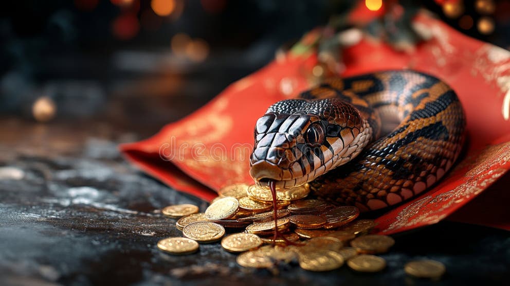 Snake Resting on Red Envelope with Gold Coins Stock Illustration ...