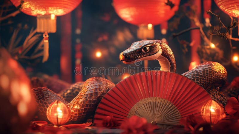 A Snake Resting on a Red Fan with Chinese Lanterns Stock Illustration ...