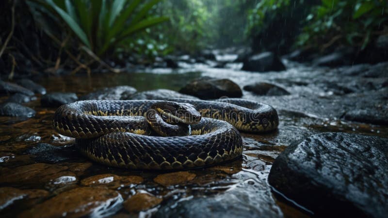 A Snake Resting in a Stream Surrounded by Lush Vegetation in a Rain ...