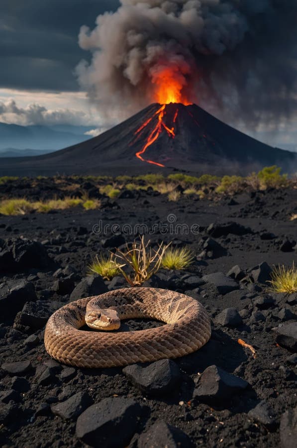 Volcanic Eruption with Snake Coiled on Dark Lava Stock Illustration ...