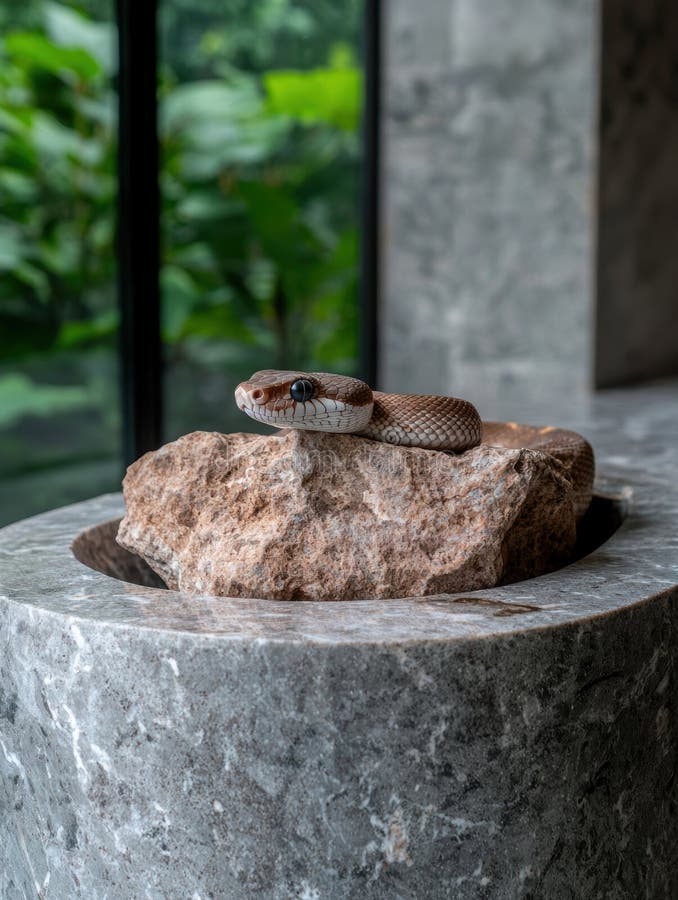 A Snake Rests on a Rock Inside a Stone Basin. Stock Illustration - Illustration of wildlife ...